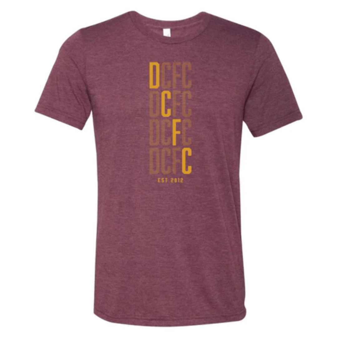 Maroon DCFC Repeating in Yellow Letters T-Shirt | Carrot Stick Sports